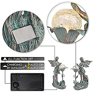 TERESA'S COLLECTIONS Large Garden Fairy Outdoor Statue, Solar Garden Sculptures & Statues with Crackle Glass Globe, Bronze Patina Garden Art for Lawn Patio Balcony Decor 13.2 inch
