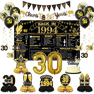 DARUNAXY 30th Birthday Party Decorations for Men Women, Black Gold Back in 1994 Banner, Gold 30 Number Balloons & Cake Topper, Vintage 1994 30 Birthday Honeycomb Hanging Swirl Confetti Balloons(27PC)