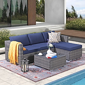 Patiorama 5 Piece Outdoor Patio Furniture Set, Outdoor Sectional Conversation Set, All-Weather Grey PE Wicker w/Navy Blue Cushions, Outdoor Backyard Porch Garden Poolside Balcony Furniture Set