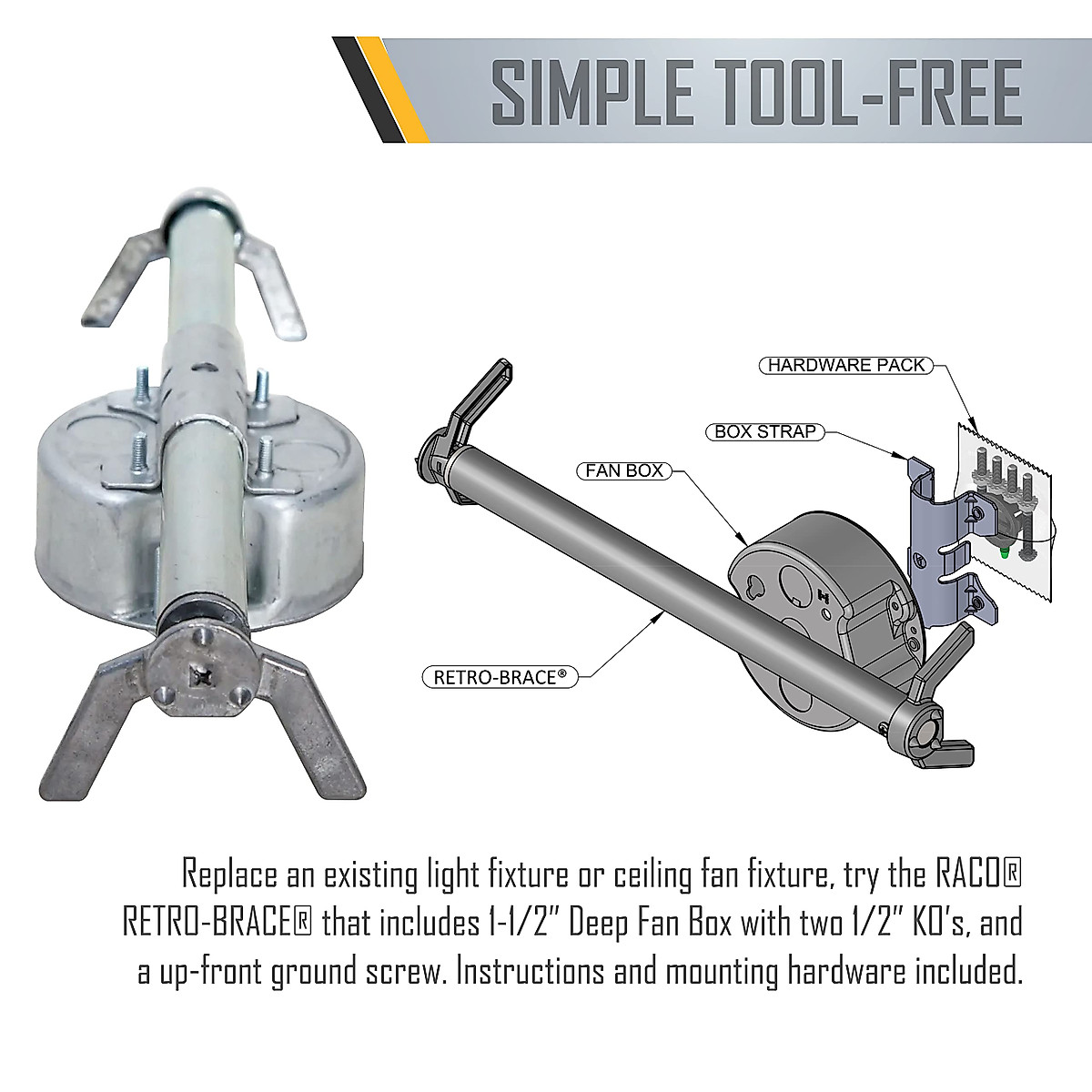 Hubbell Raco 936 4 in. Round Retro-Brace Ceiling Fan-Rated Support, 4 in, Gray