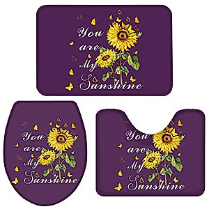 3 Piece Bath Rugs Sets Sunflower Butterfly Non Slip Bathroom Carpet You are My Sunshine Dark Purple Absorbent U-Shaped Toilet Mat, Toilet Lid Cover