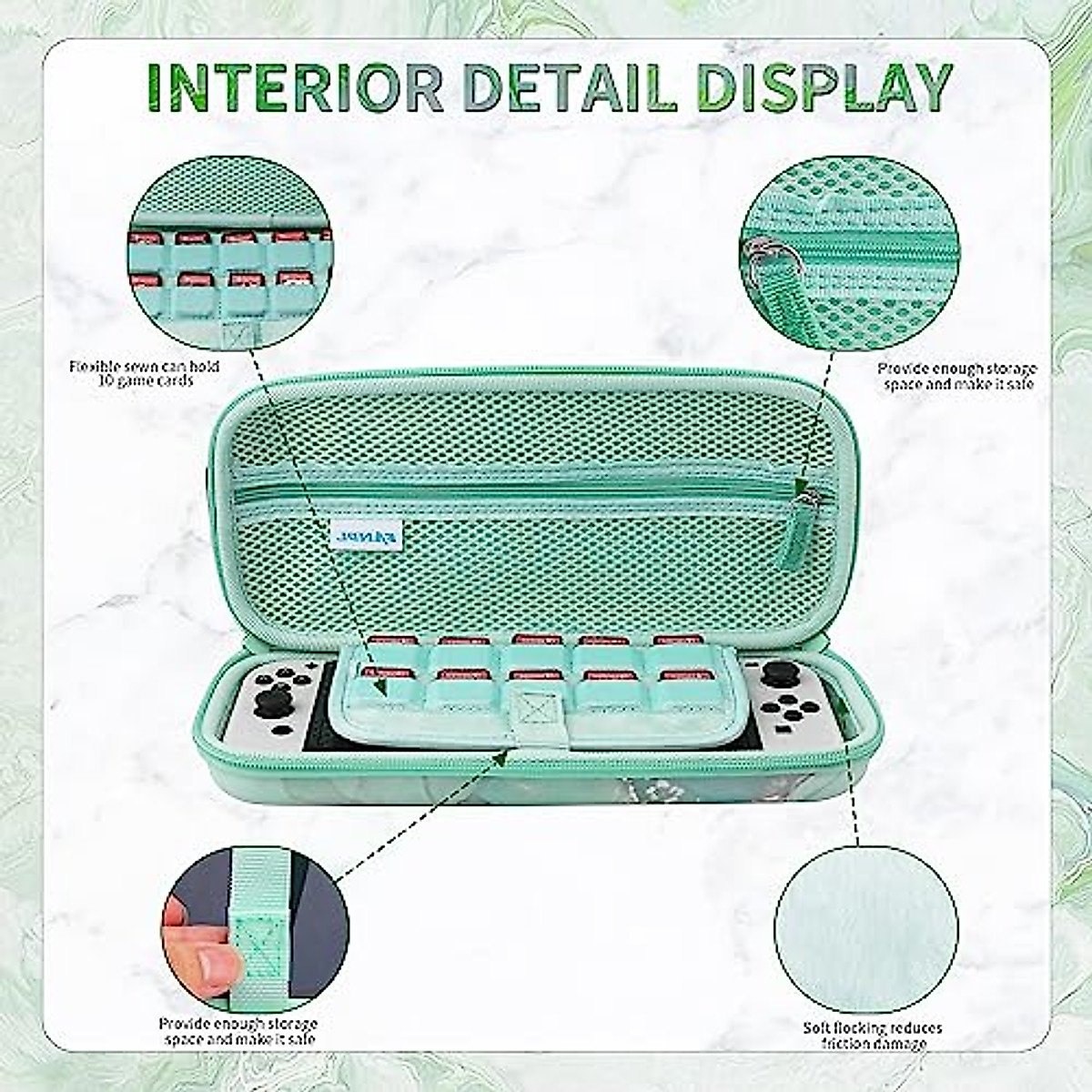 HYPERCASE Green Marble Carrying Case Compatible with Nintendo Switch/OLED, Shockproof Hard Protective Cover Case with 10 Game Card Slots, Portable Travel Bag for Switch Console Joycon & Accessories.