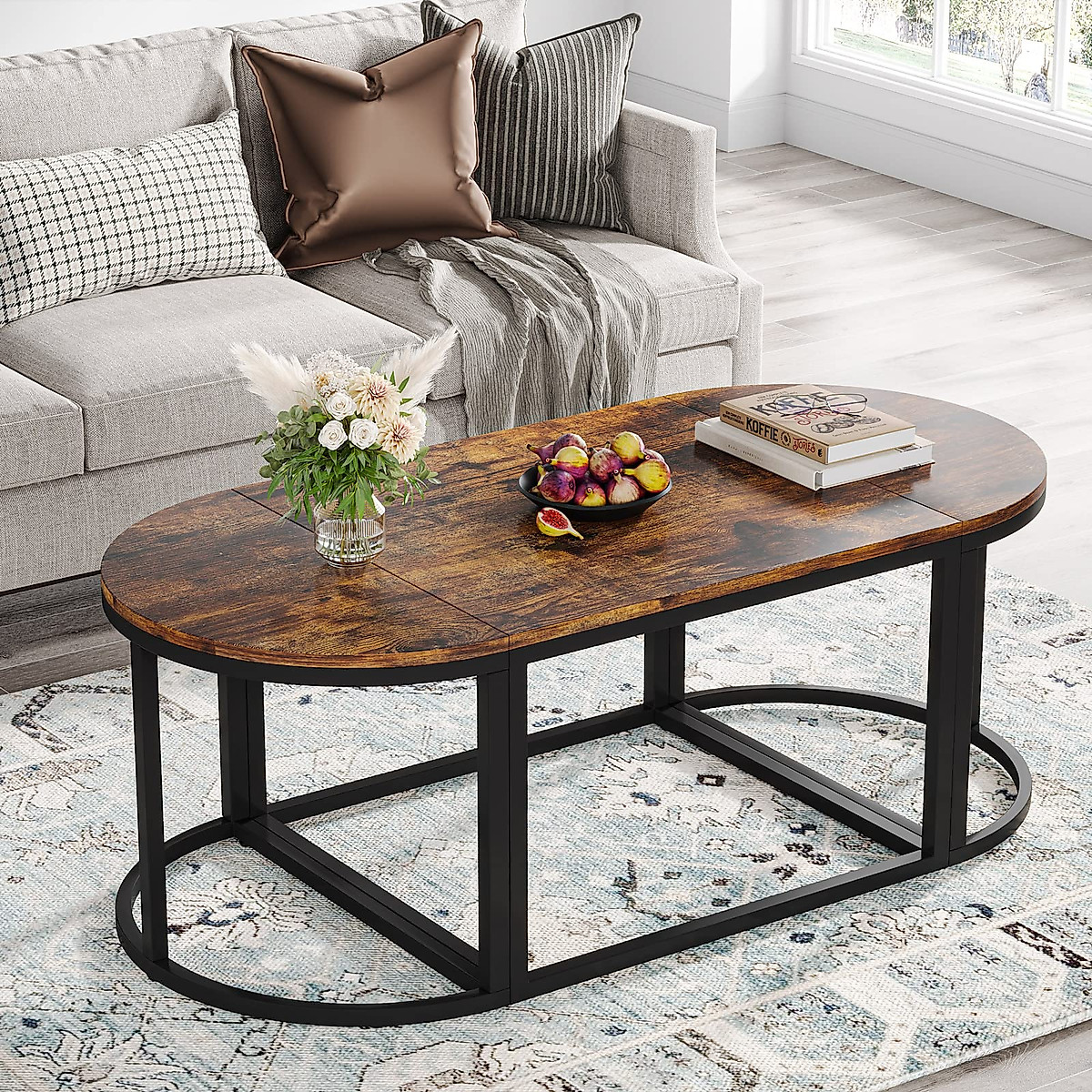 Wood Coffee Table Set: Large 47" Modern Oval Coffee Table for Living Room, Detachable into a Square Table and Small Round End Tables Mid-Century Side Table Couch Table with Storage, Stable Metal Stand