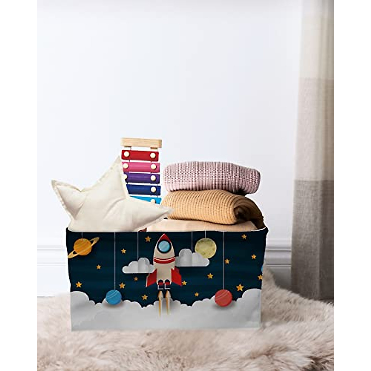 Storage Bins, Space Theme Cute Rocket Planet Pattern Storage Baskets for Organizing Closet Shelves Clothes Decorative Fabric Baskets Large Storage Cubes with Handles