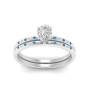 55Carat Scattered Bezel Wedding Ring Sets Sterling Silver Natural Blue Topaz Pear Shape Blue Color Wedding Ring Sets Bezel Setting in Size 10 Minimal Surprise Gifts for Ladies