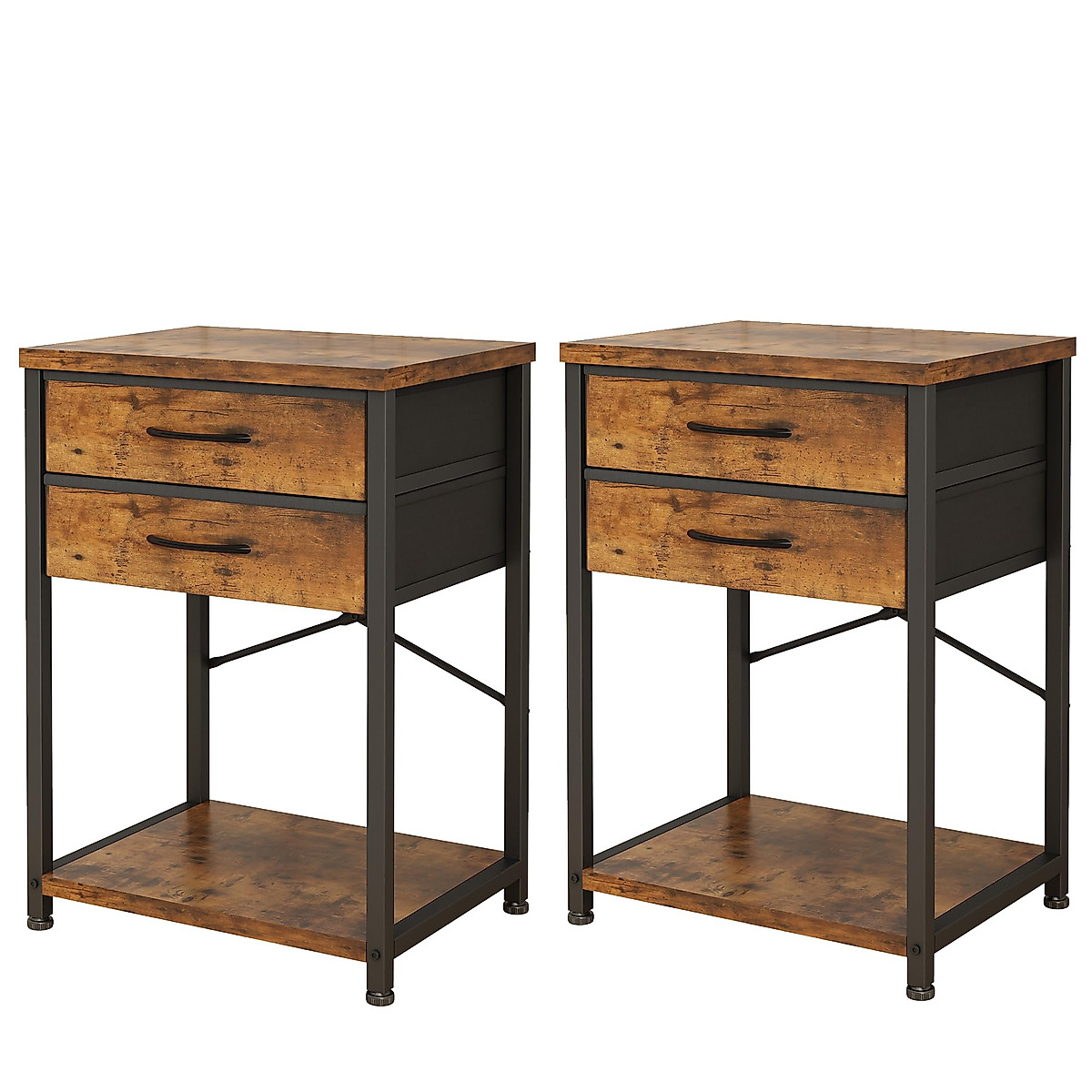 TigerDad Tall Nightstand with 2 Fabric Drawers, End Table with Storage Shelves, Bedside Table for Bedroom, Living Room, Small Space, Set of 2, Rustic Brown