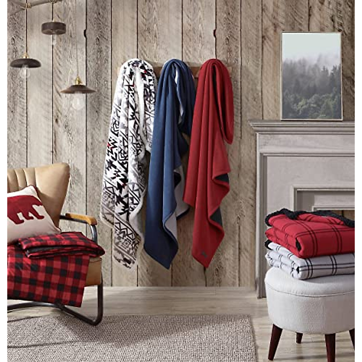 Eddie Bauer - Throw Blanket, Cotton Flannel Home Decor, All Season Reversible Sherpa Bedding (Kettle Falls Red/Black, Throw)