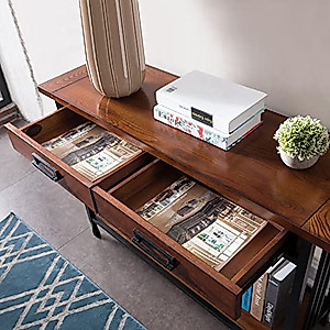 Leick Home Ironcraft Rustic Two Drawer Hall Sofa Shelf, Mission Oak and Black Metal, Console Table