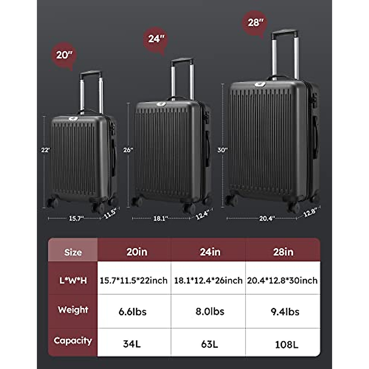 Luggage Expandable Suitcases With Wheels, Hardside Lightweight Carry-on Luggage 20 inch