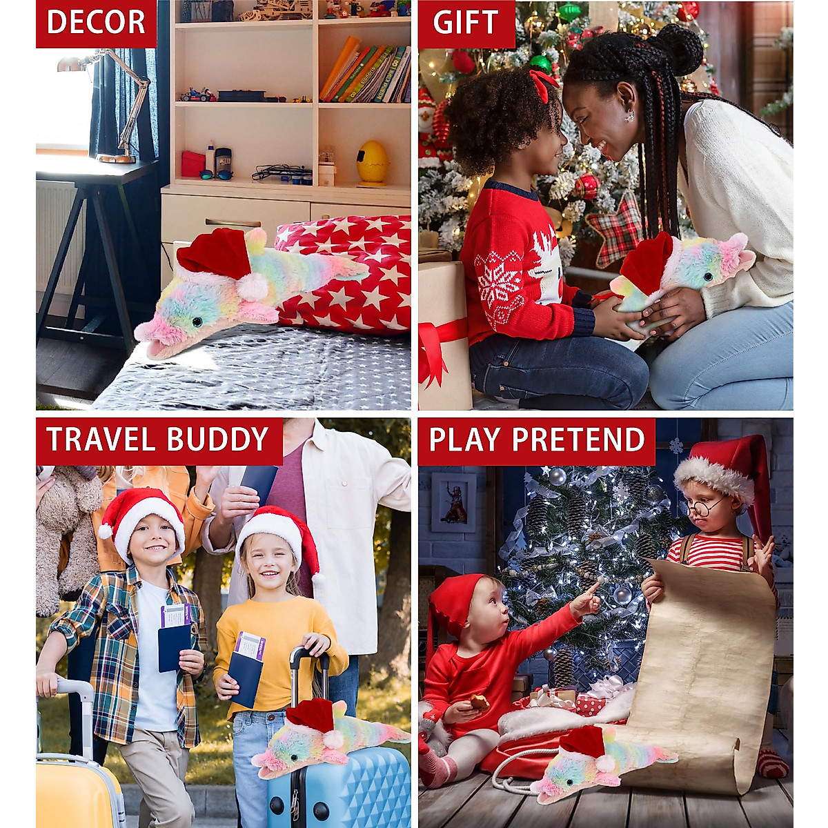 DolliBu Santa Rainbow Dolphin Stuffed Animal Plush Toy - Super Soft Wild Animal Dress Up with Red Santa Claus Hat, Wildlife Gift, Perfect Holiday with Name Personalization - 14 Inches