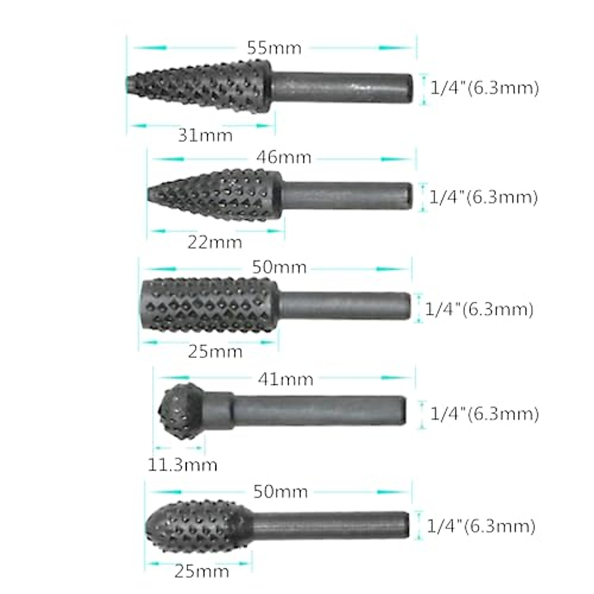 KangTeer Rotary Wood Rasp 5pcs Rotary File Set 1/4" Shank Wood Carving Rotary Burr Polishing Drill Bits(Gary)