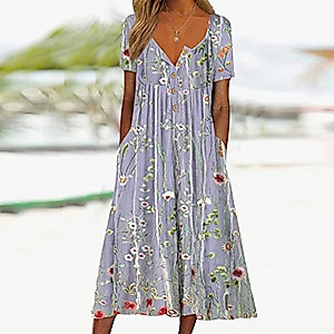 DUOWEI Womens Fashion Short Sleeve Long Casual Flower Button Round Neck Pullover Dress Skirt