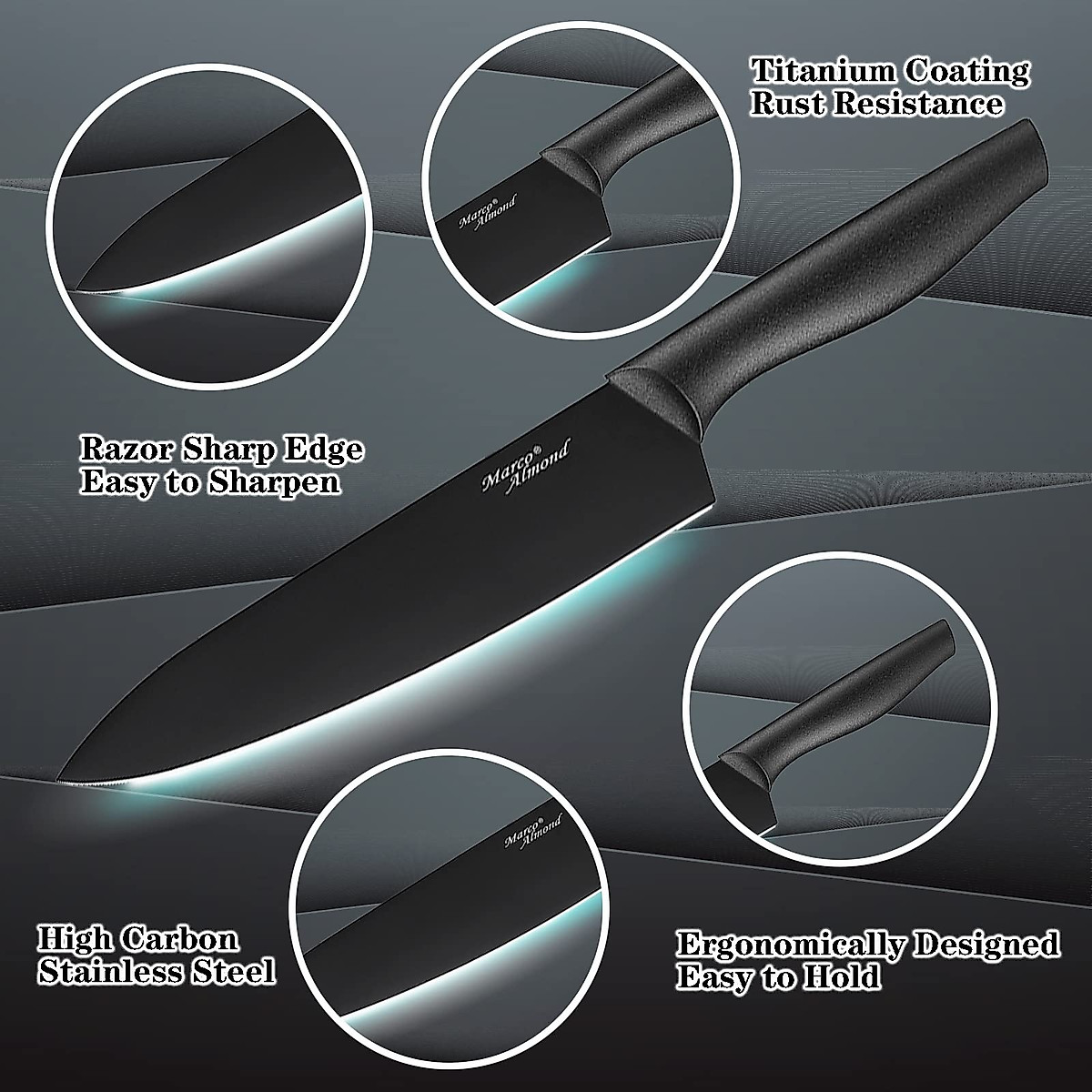 Marco Almond Kitchen Knife Set, KYA38 12-Piece Kitchen Knives Set with Covers, 6 Knives with 6 Blade Guards, Stainless Steel Cooking Knives Set for Kitchen, Black