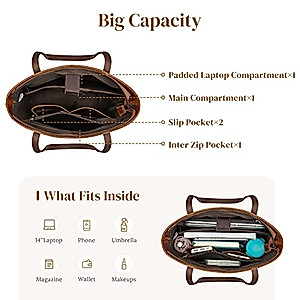 S-ZONE Women Genuine Leather Tote Bag Vintage Shoulder Purse Handbag with Back Zipper Pocket, Large Work Bag for Ladies