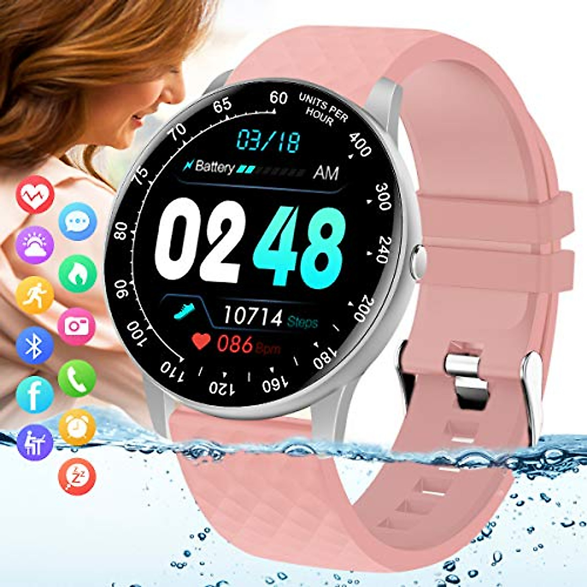 Peakfun Smart Watch with Heart Rate Blood Pressure Monitor IP67 Waterproof Bluetooth Smartwatch Smart Sports Activity Tracker Watch for Men Women Kids Android iOS Phones Pink