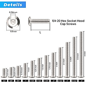 Glvaner 1/4"-20 x 1 Binding Screws Furniure Screws Connection Bolts, Socket Head Cap Screws 304 Stainless Steel Full Thread, 30 PCS