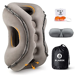 Inflatable Travel Pillow,Multifunction Travel Neck Pillow for Airplane to Avoid Neck and Shoulder Pain,Support Head,Neck,Used for Sleeping Rest, Airplane and Home Use,with Eye Mask, Earplugs,Gray