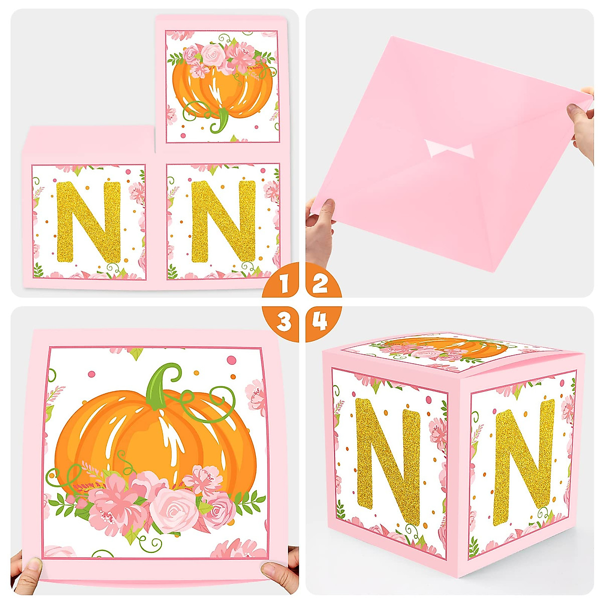 Fall Pumpkin First Birthday Balloon Boxes One Box Blocks Decorations Thanksgiving Birthday Cake Smash Party Photo Props Backdrop (Pink)