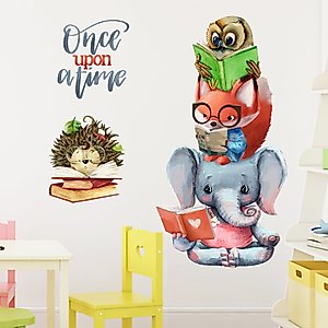 Mfault Once Upon a Time Reading Animals Wall Decals Stickers, Motivational Fox Elephant Owl Hedgehog Reading Books Nursery Decoration Classroom Bedroom Art, Kids Toddlers Study Room Library Decor
