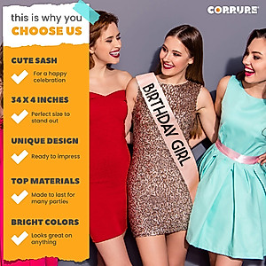 CORRURE 'Birthday Girl' Sash with Black Foil - Soft Satin Rose Gold Sash for Women - Birthday Sash for Happy 16th 18th 21st 25th 30th 40th 50th or Any Other Bday - Great Party Supplies and Decorations