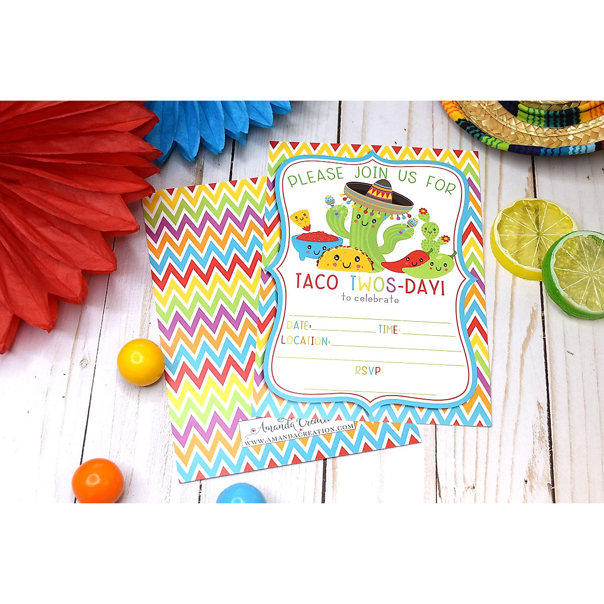 Taco TWOS-DAY Adorable 2nd Birthday Fiesta Party Invitations, 20 5x7 Fill In Cards with Twenty White Envelopes by AmandaCreation