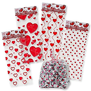 Valentine Cellophane Bags 100 Pack with Twist Ties Valentines Favor Treat Gift Goodie Cello Bags for Party Candy Cookies , 4 Assorted Styles