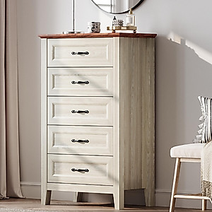 LINSY HOME Beige Dresser for Bedroom, 5 Drawer Dresser with Metal Handles, Chest of Drawers, Tall Dresser for Living Room, Entryway, and Closet