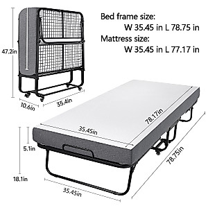 Umidex Folding Bed, (with 5.2" Thick Memory Foam Mattress), 79 * 35inch, Portable Foldable Adult with Mattress for Guest use, Metal Folding Frame, Reinforced Metal mesh, can Hold up to 550 lbs