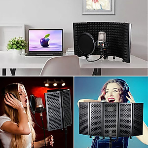 Studio Microphone Isolation Shield with Desk Mic Stand and Pop Filter, High Density Sound Proof Absorbing Foam, Portable Acoustic Treatment Equipment for Recording Mics Home Studio Podcast Vocal Booth