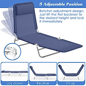 Suzile 4 Pack Folding Chaise Lounge Chair Tanning Chairs with Adjustable 5 Position and Pillow Waterproof Breathable Mesh Steel Frame Pool Sun Tanning Chair for Beach Yard Patio Lawn(Navy Blue)