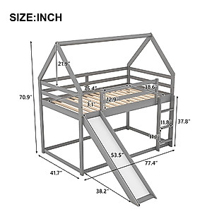 Bellemave Twin Over Twin House Bunk Bed with Slide, House Bunk Bed Kids Bunk Bed with Roof and Ladder for Kids Girls Boys (Grey)