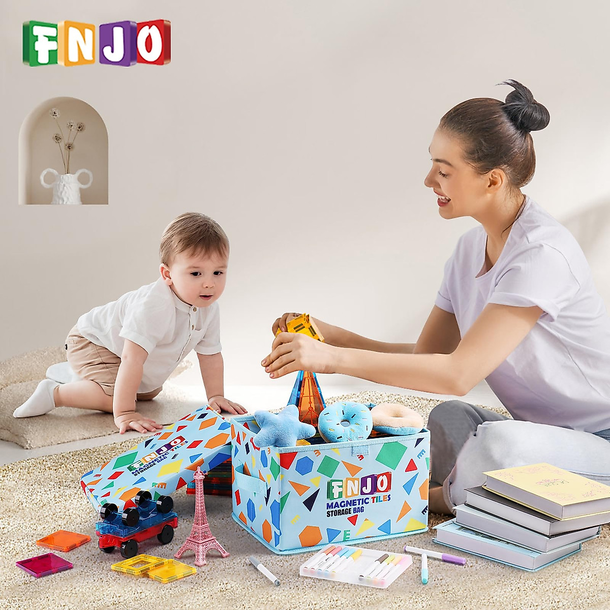 FNJO Toy Storage Bin,Foldable Toy Organizer with Lid, Playroom Organizer,Toy Holder,Storage Box for Magnetic Tiles and other gadget