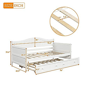 CJLMN Solid Wood Daybed with a Trundle, Twin Trundle Daybed Sofa Bed Frame for Bedroom, Guest Room, Living Room (White)