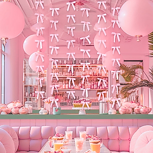 Pink Satin Ribbon Bow Hanging Garland, Bow Party Hanging Decortions, Girls Bow Birthday Baby Shower Decorations, Coquette Birthday Decorations, Tying The Knot Bridal Shower Bachelorette Party Decor