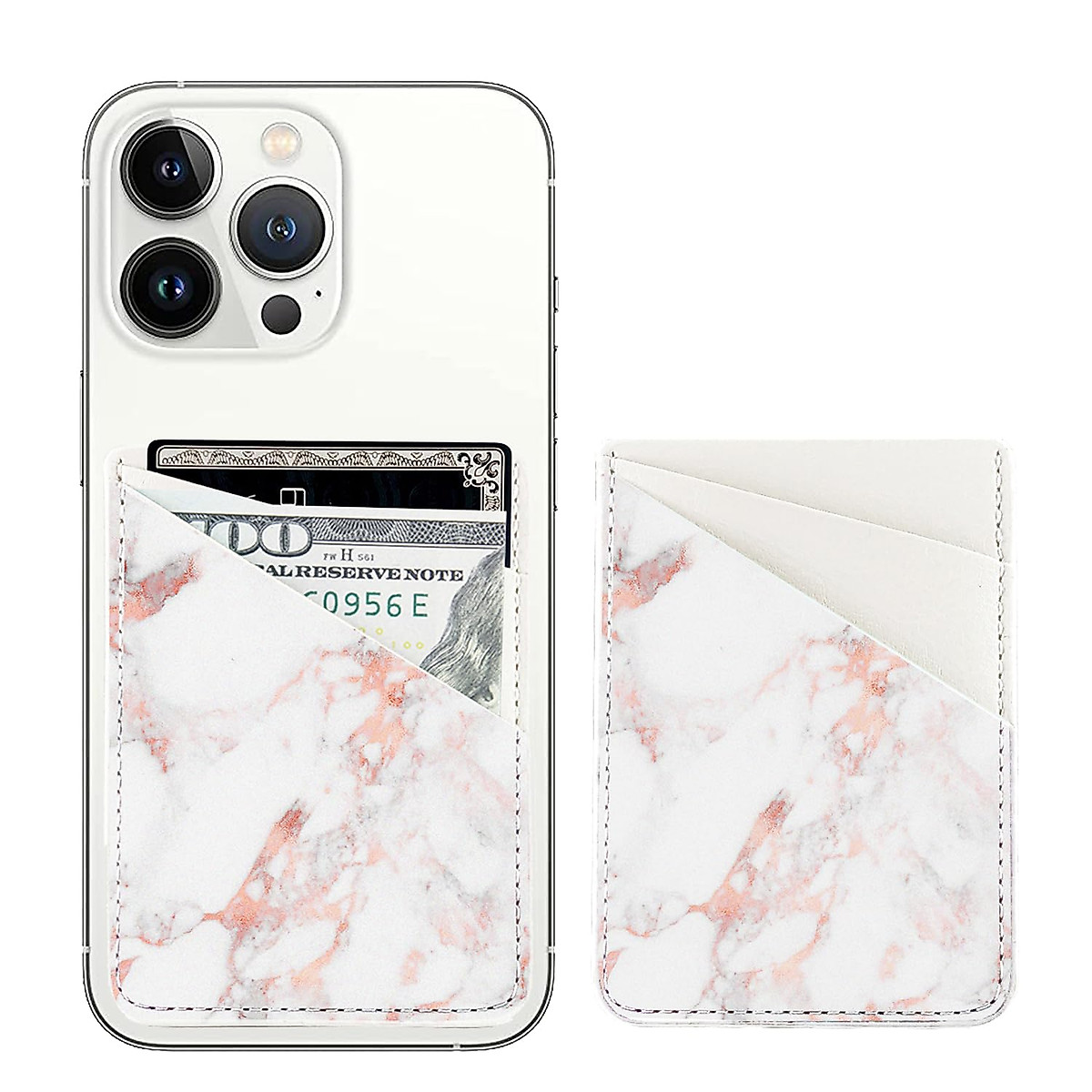 uCOLOR Phone Card Holder, Leather Phone Wallet Adhesive Stick On Stretchy Credit Card Pocket for Back of Phone Case iPhone and Android(Rose Marble)