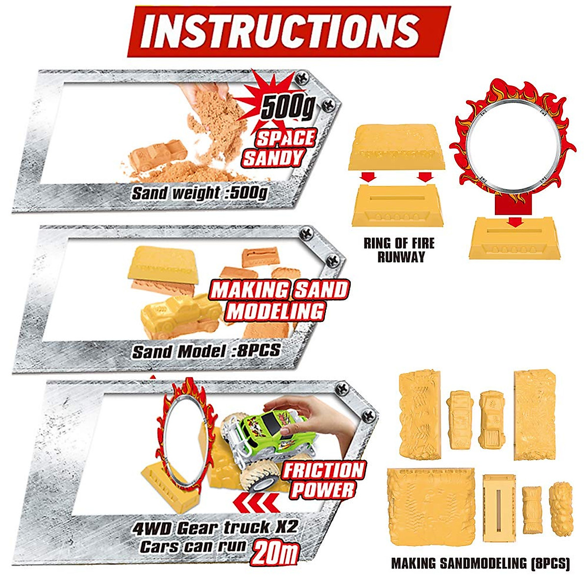 Big Wheel Monster Truck Stunt Stadium Playset with DIY Puzzle Construction Playmat, 2 Friction Monster Trucks, and Play Dirt (38 Pcs)