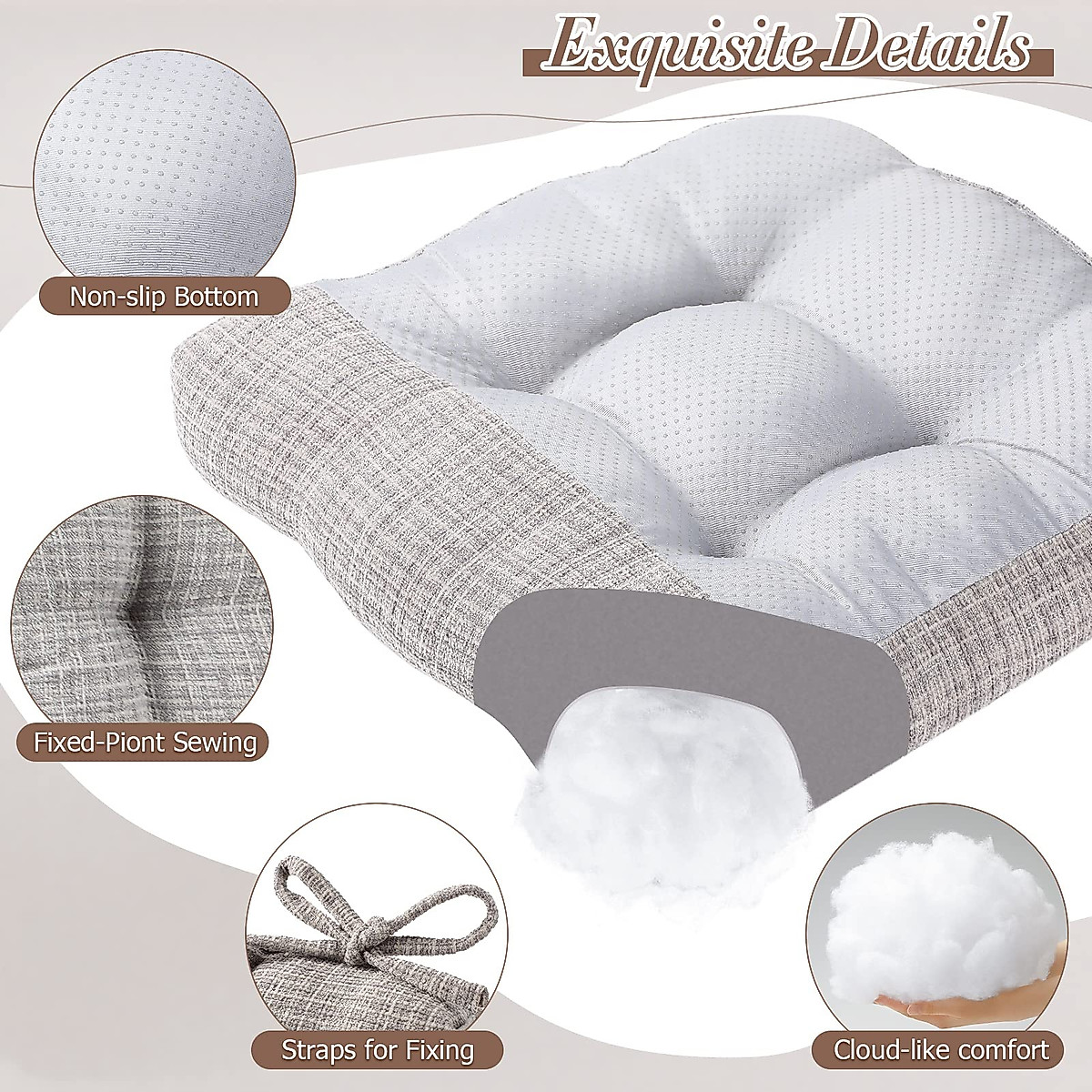 Fumete 4 Pack of Rocking Chair Cushion Set, 2 Rocking Chair Seat Cushions and 2 Back Cushions with Ties, Washable Rocker Chair Pads for Indoor, Outdoor, Living, Dining Room, Office, Nursery Use, Gray