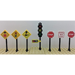 Road Signs & Traffic Lights Building Bricks Play Set Toys Living Traffic Toy Signs for Kids-Building Toys City Street Village, 7 Piece Educational Learning Gift