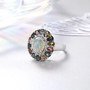 supermodel Multicolor Gemstone Signet Ring for Women Wedding Anniversary Jewelry Sterling Silver Band 925 Stamped Tourmaline Diamond Gem Ring Luxury Opal Ring Cocktail Rings Size 9