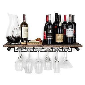 Rustic State Wall Mounted Reclaimed Wood Floating Wine Bottle Rack with Glassware Holder Stemware Shelf Storage Organizer - Home, Kitchen, Dining Room Bar Décor - Walnut