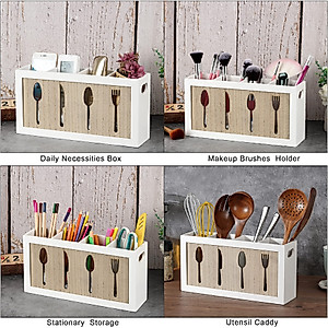 Wooden Kitchen Utensil Holder for Countertop, Rustic Utensil Organizer Cutlery Holder Flatware Silverware Organizer, Cooking Utensil Caddy Organizer with 4 Compartments for Spoons, Forks, Knives