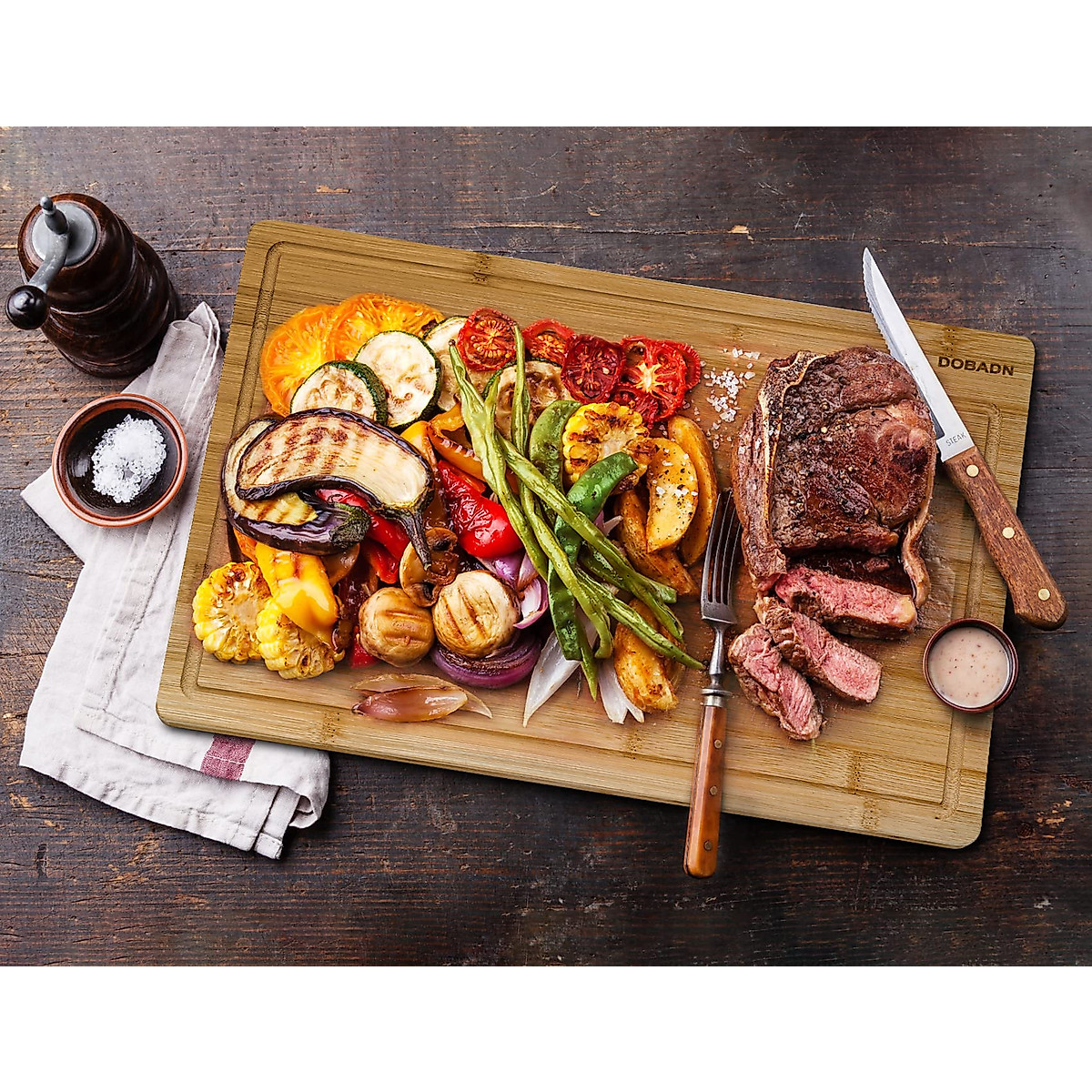 DOBADN Bamboo Cutting Board Set for Kitchen,（Set of 3）Chopping Boards with Juice Groove,Natural Wood Cutting Boards with Stainless Steel Holder,Cutting Board Set for Butcher Block,Cheese,Vegetables