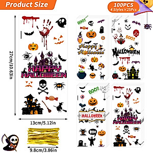 Larcenciel 100 Pcs Halloween Cellophane Treat Bags, Pumpkin Bat Halloween Candy Bags with Twist Ties for Snack Chocolate Popcorn, Bat Pumpkin Spooky Witch Clear Plastic Goodie Bag Party Favor Bags Halloween Decor