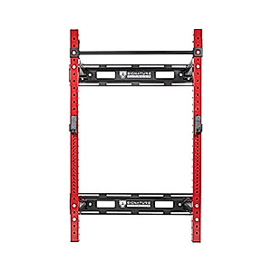 Signature Fitness 3” x 3” Wall Mounted Fold-in Power Cage Squat Rack with Adjustable Pull Up Bar and J Hooks - Space-Saving Home Gym, Red