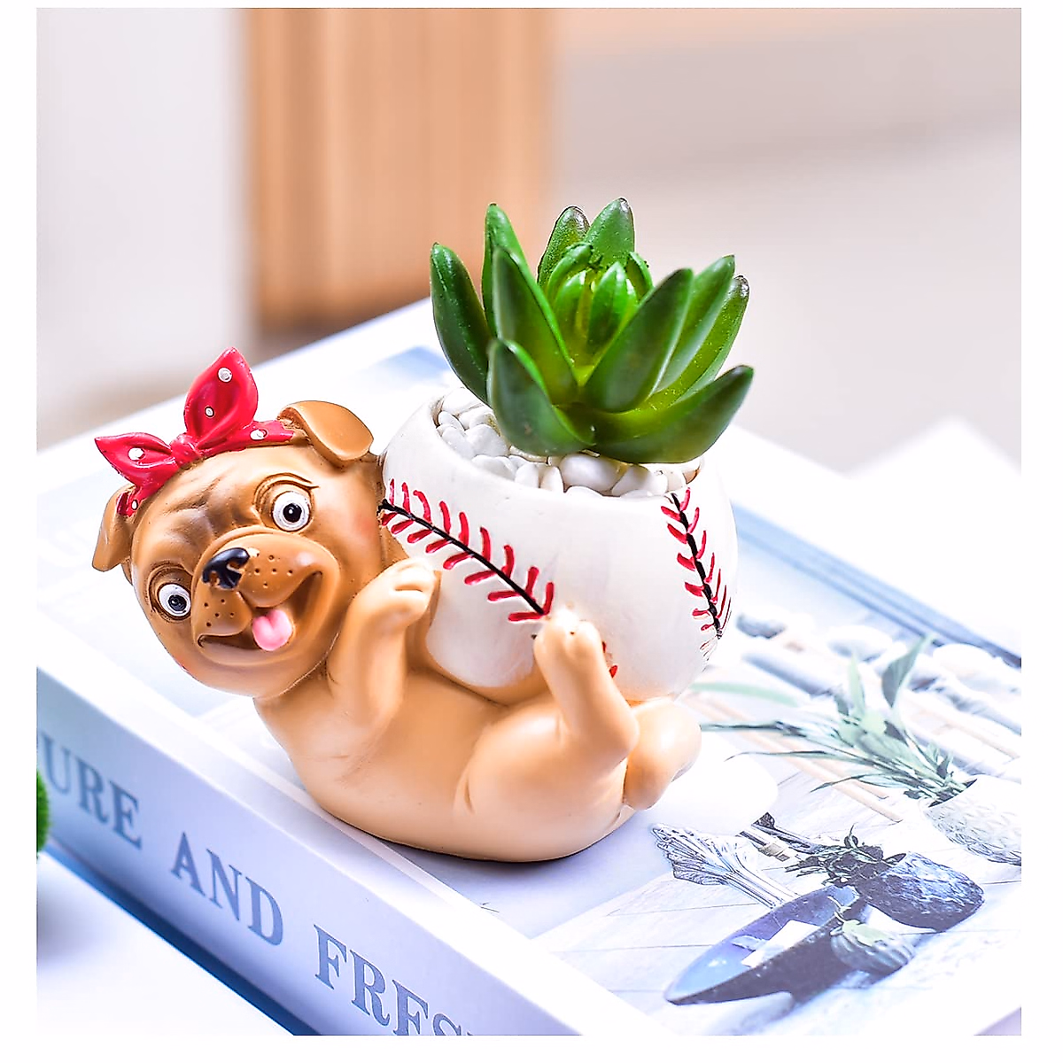 Cute Puppy Play Baseball Flowerpot with Drainer Garden Flowerpot Resin Succulent Potted Bonsai Plant Stand Home Desk Mini Ornaments Without PlantsWang Xingren Stadium Flower Pot Baseball