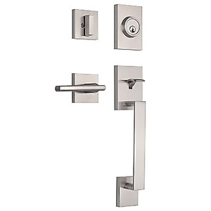 Nuk3y Haven Modern Handleset Front Door Entry Handle and Deadbolt with Reversible Inside Lever Trim (Square Hulk Lever Trim, Satin Nickel)