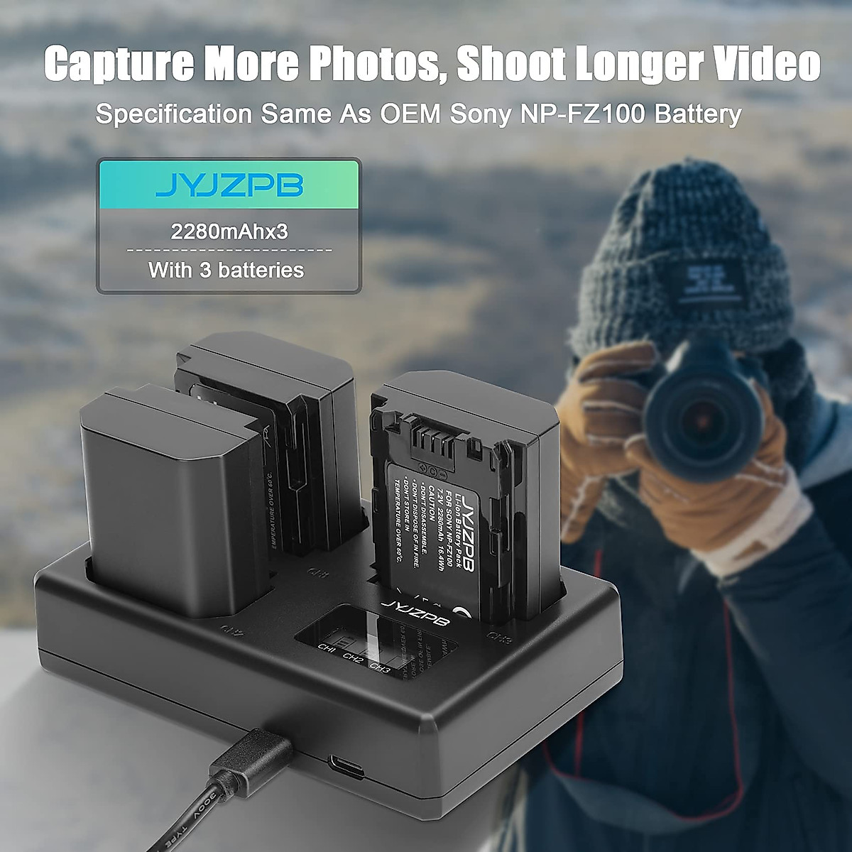 JYJZPB 3 Pack NP-FZ100 Replacement Battery for Sony A7III, A7IV, A7R III, A9, A6600, A6700, A9S, A7R3, A7S III, A7R III, and Triple Sony Battery Charger for Sony NPFZ100 Z-Series Battery Pack