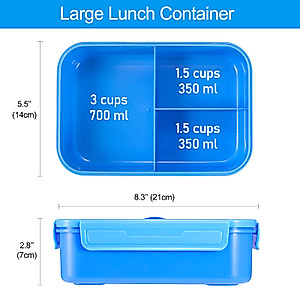 Caperci Classic Bento Lunch Box for Adult & Older Kids - Leakpoof 47 oz 3-Compartment Lunch Containers for Adults and Teens, Built-in Utensil Set, Ideal for On-the-Go, Blue