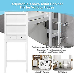 Tangkula Over The Toilet Storage Cabinet, 65” Over Toilet Bathroom Organizer with Adjustable Bottom Bar, 2 Open Shelves, 2 Drawers, Anti-tip Devices, Freestanding Above Toilet Storage Cabinet (White)