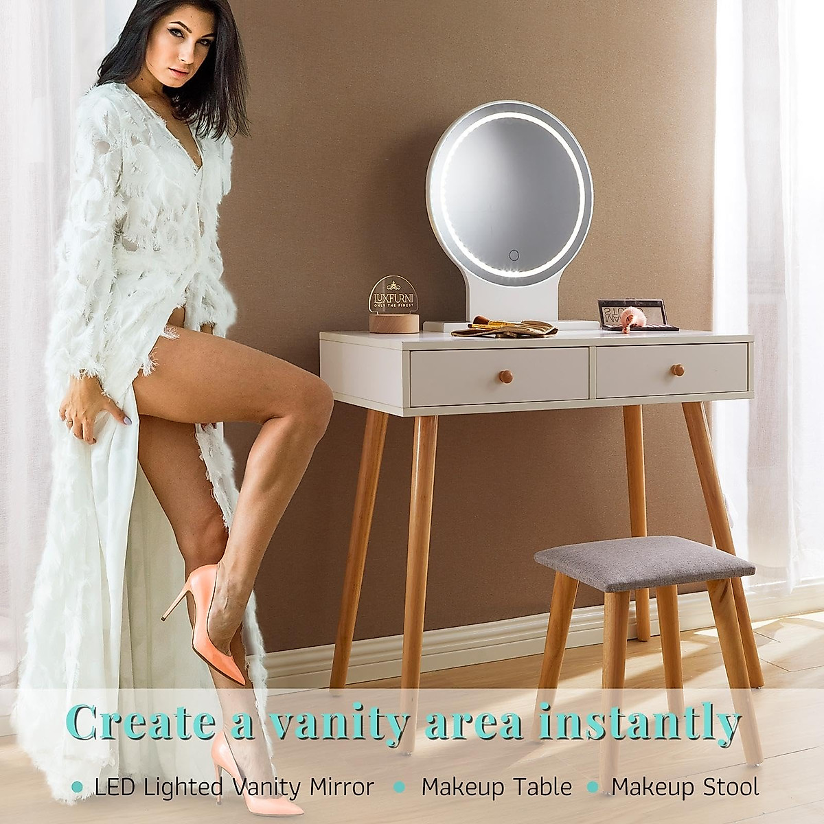 LUXFURNI Vanity Desk with Lighted Mirror, Makeup Vanity Table Set, Adjustable Brightness, Large Drawer Sturdy Wood, Soft Chair Dresser Desk for Bedroom (White, 32x16x44.5H)